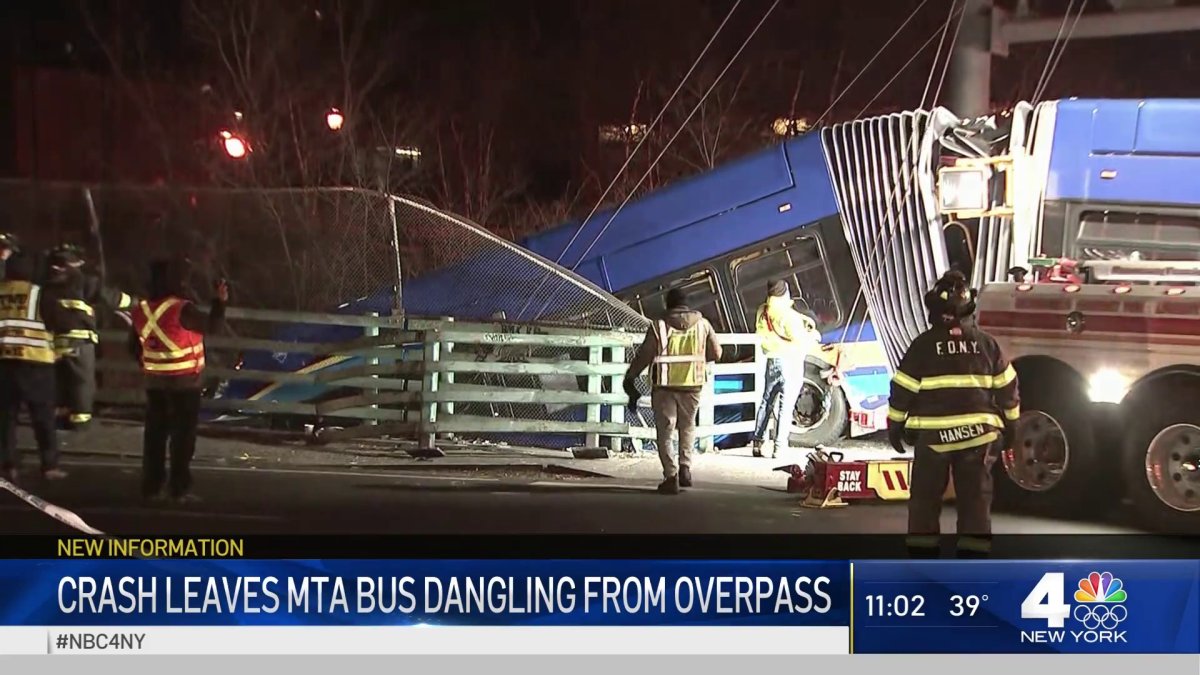 Crash Leaves MTA Bus Dangling From Overpass – NBC New York