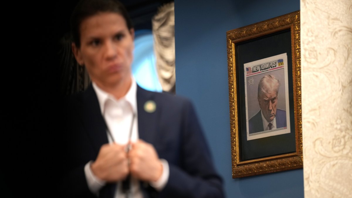 Donald Trump mugshot seen hanging on wall outside Over Office – NBC New ...