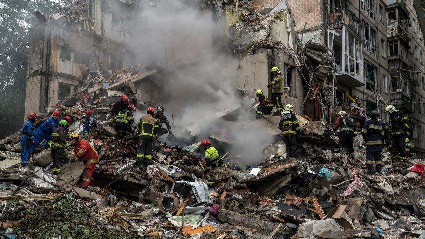 Rescuers work at the site of a residential building destroyed by a direct hit from a Russian cruise missile during missile and drone strikes amid Russia’s ongoing attack on Ukraine, in Kyiv, Ukraine, on July 31, 2025. The death toll in Kyiv rises to 11, including one child. A total of 93 people are injured, among them 11 children.